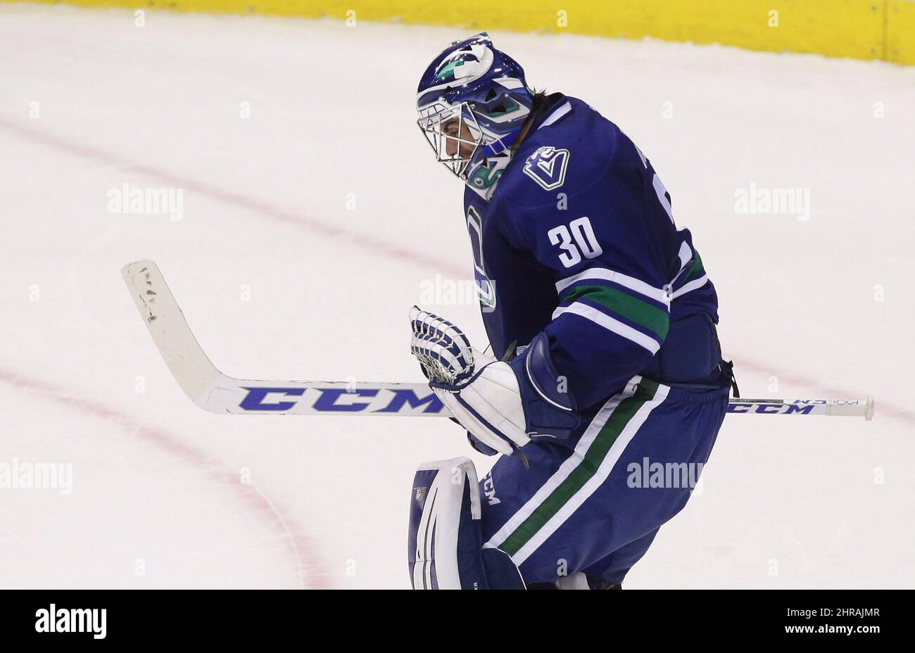 Vancouver Canucks goaltender Ryan Miller (30) celebrates his team's win ...