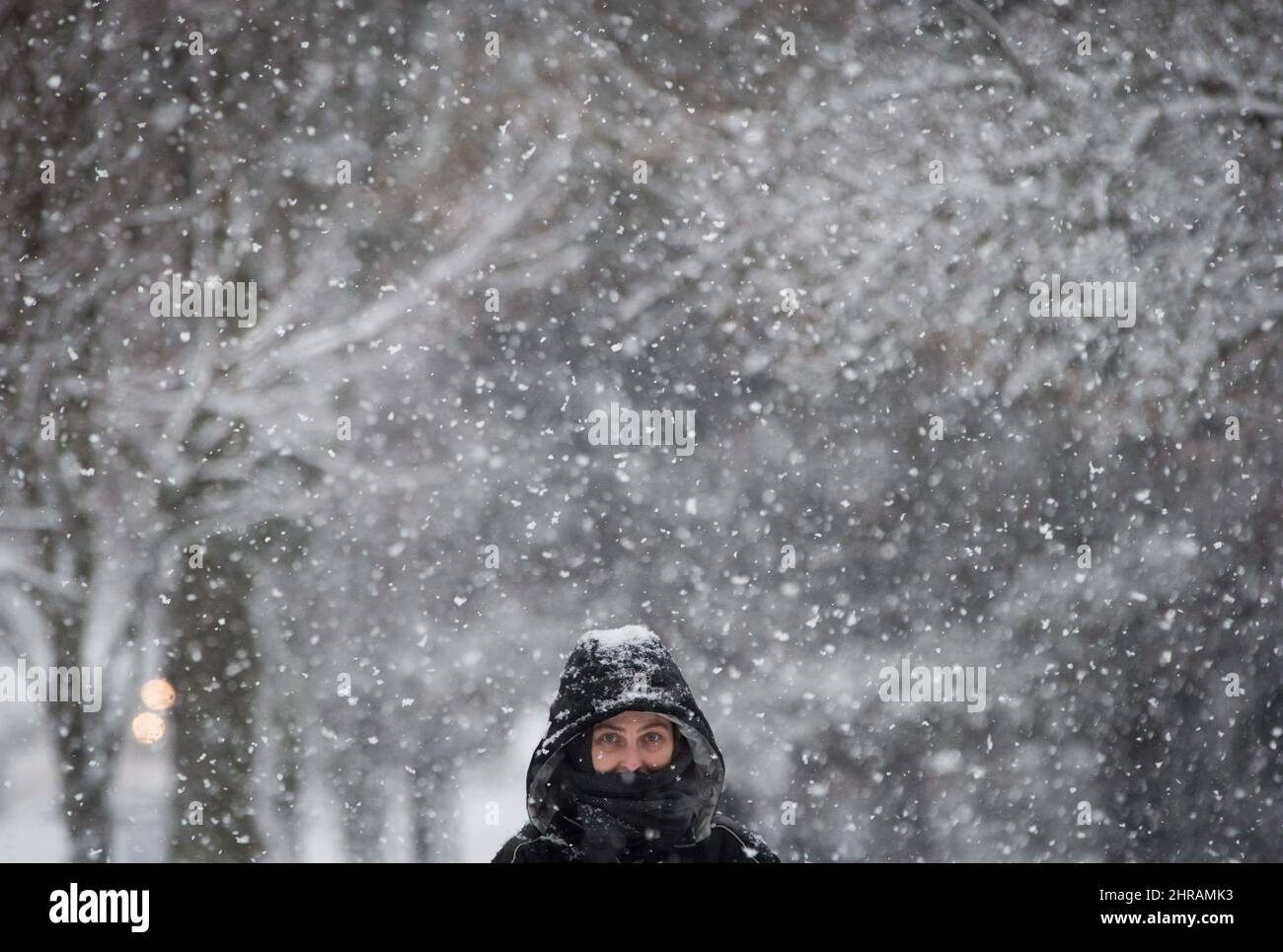 A bundled up woman walks as snow falls in Vancouver, B.C., on Friday ...