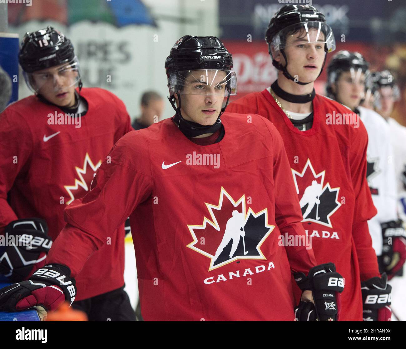 Canada's Dylan Strome, left to right, Mathew Barzal and Julien Gauthier ...
