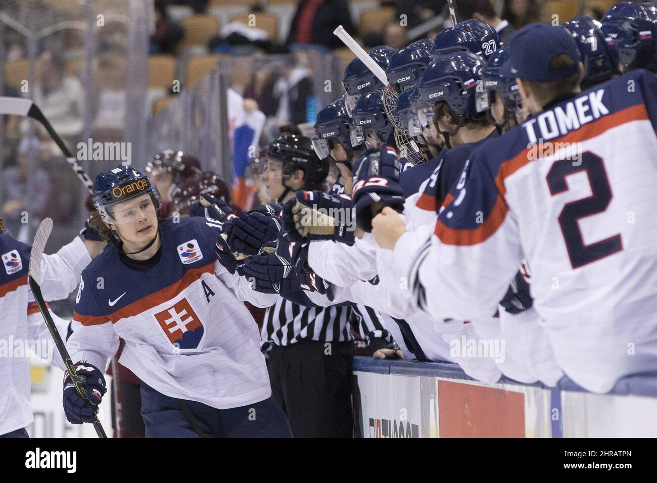 Team Slovakia's Andrej Hatala celebrates scoring his team's third goal ...