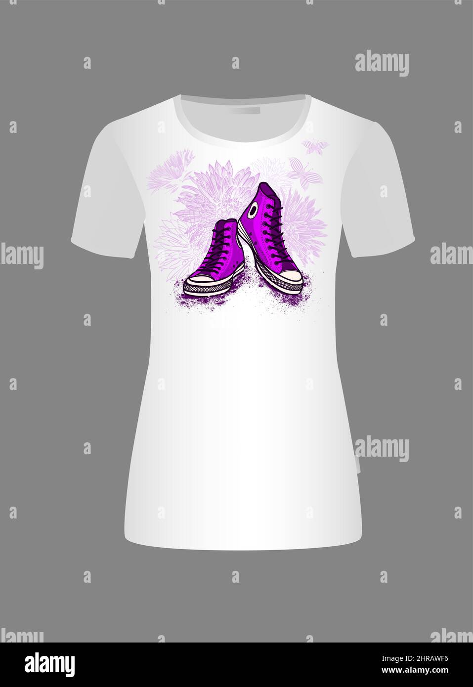 Violet sport shoes with flowers. T-shirt print. Vector illustration ...
