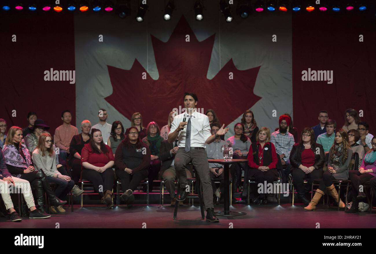 Prime Minister Justin Trudeau speaks during a town hall meeting in ...