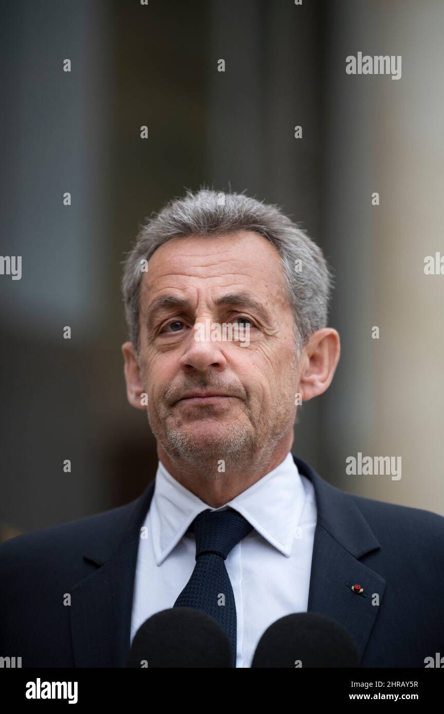 French former President Nicolas Sarkozy speaks to the press as he ...