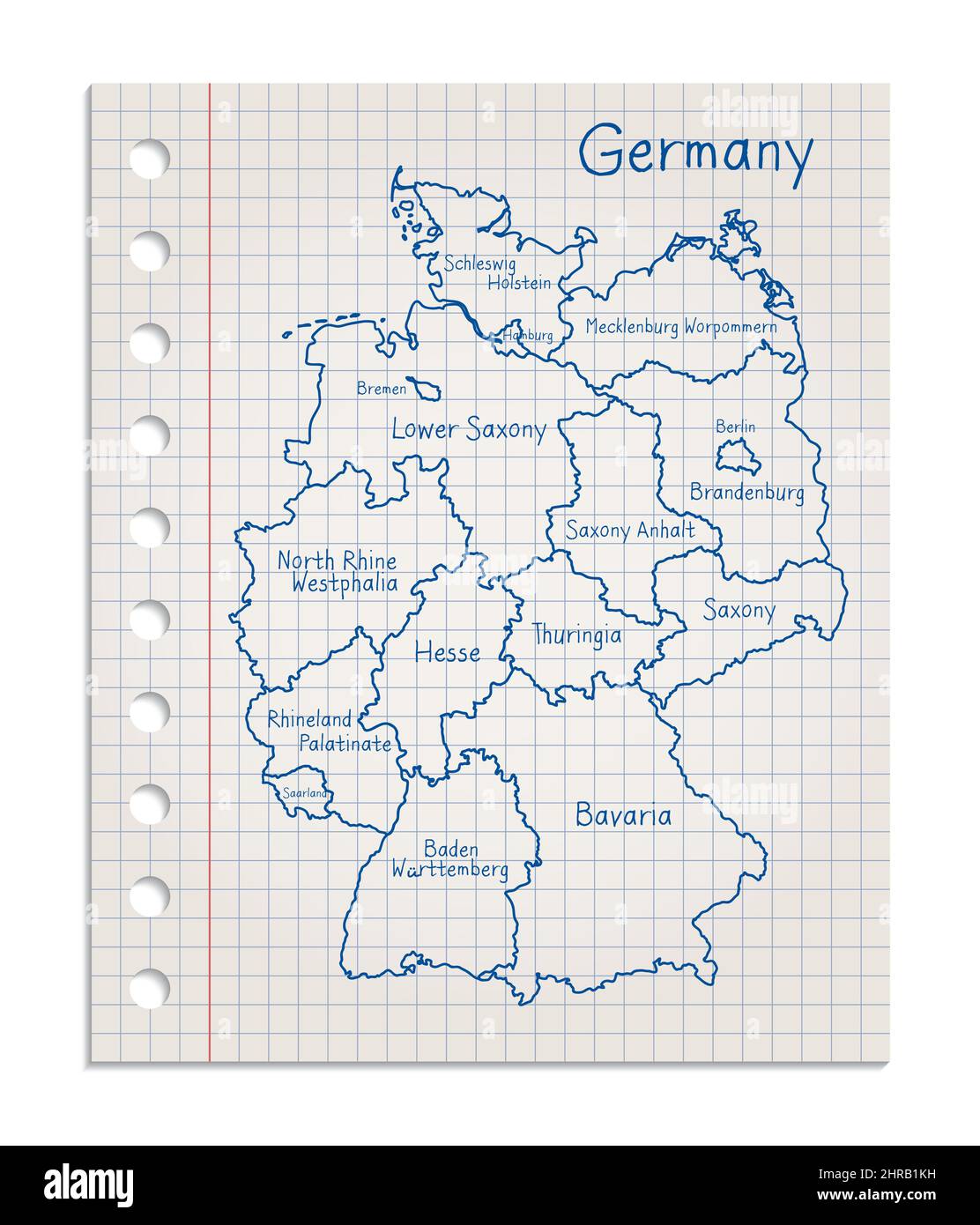 Germany map on a realistic squared sheet of paper torn from a block ...