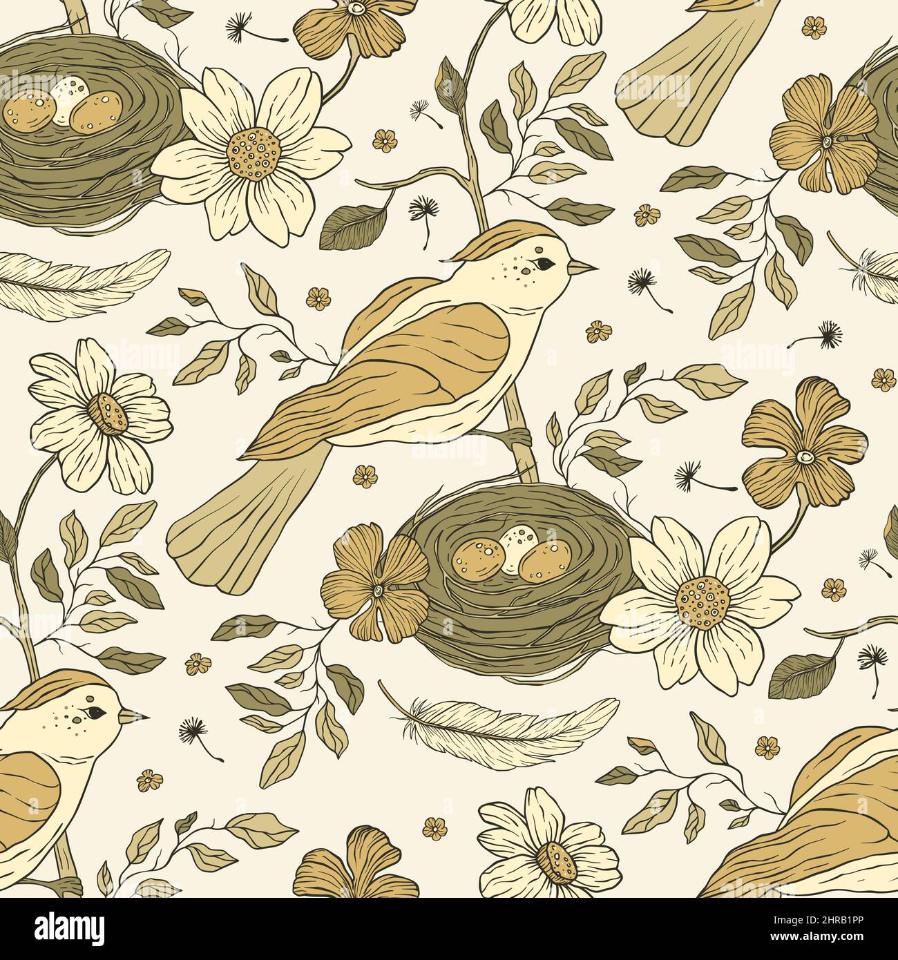 Vintage birds and daisy flowers seamless pattern. Retro illustration ...