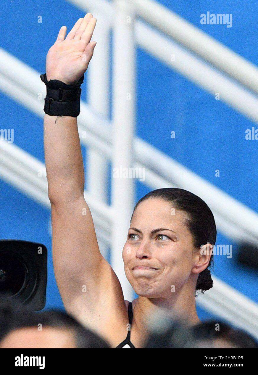 Canada's Roseline Filion waves to the crowd following the women's 10m ...
