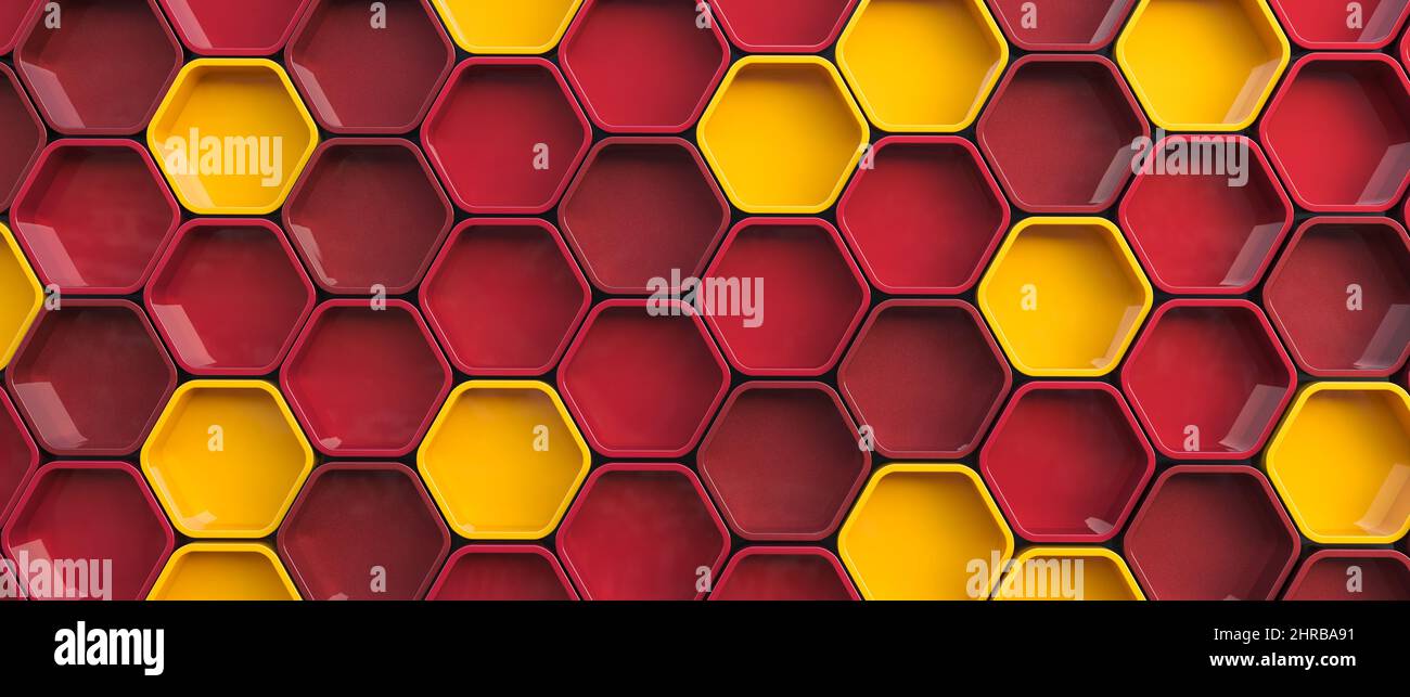 geometric background with yellow and red hexagonal cells. 3d render ...