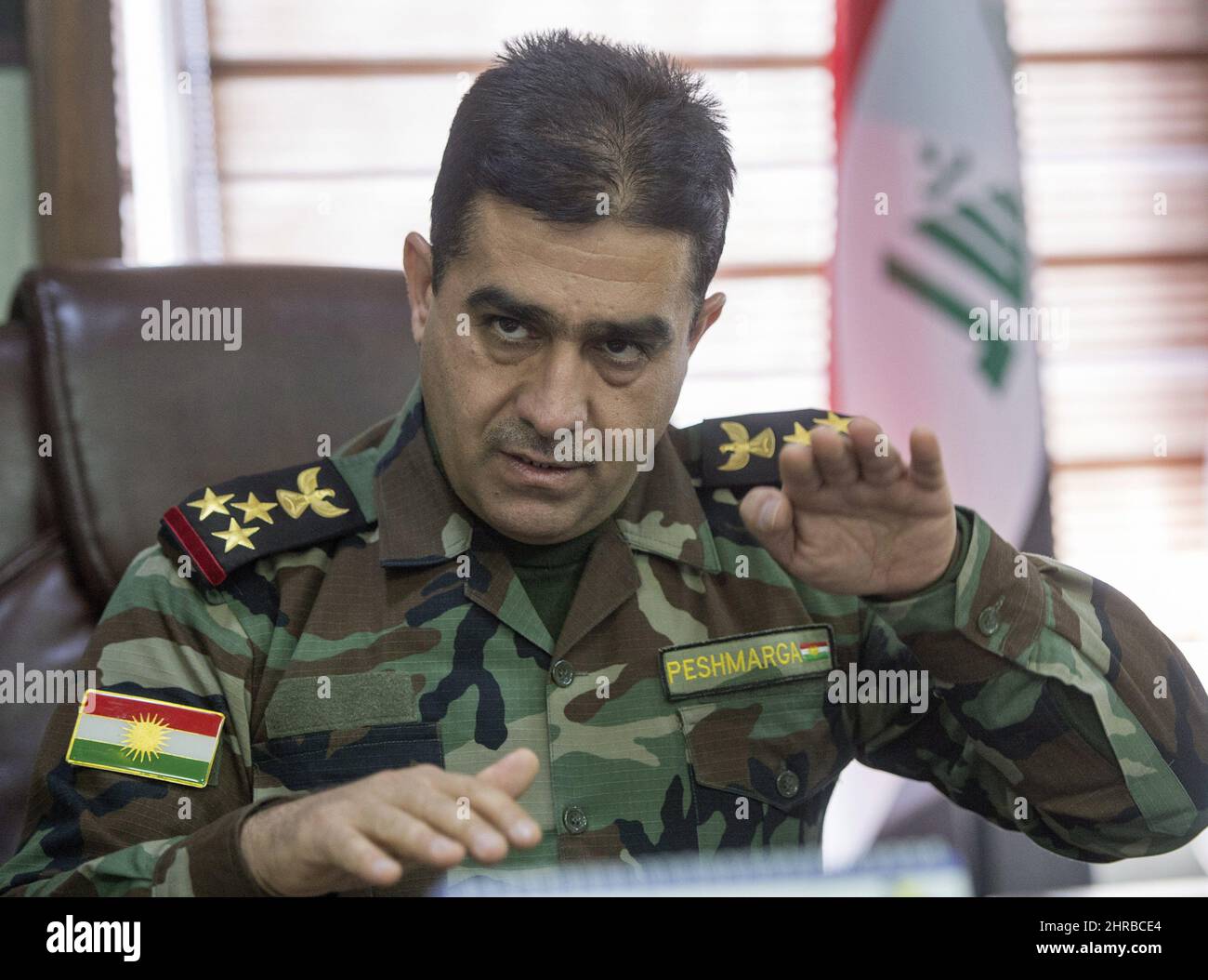 Peshmerga Staff Brigadier General Hazhar Ismail gestures during an ...