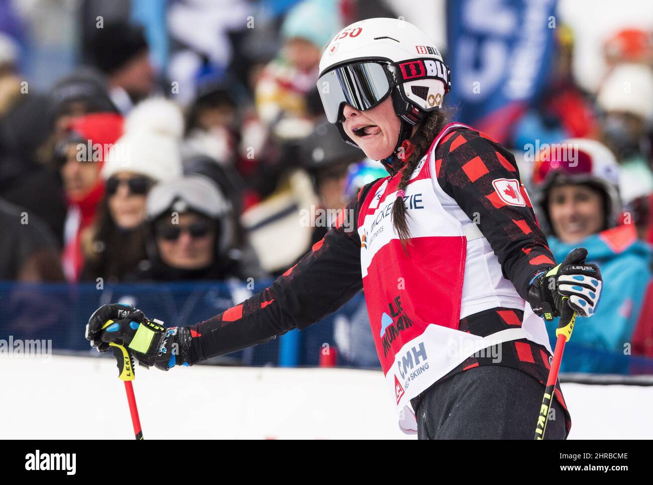 Marielle Thompson of Canada sticks her tongue out after crossing the ...