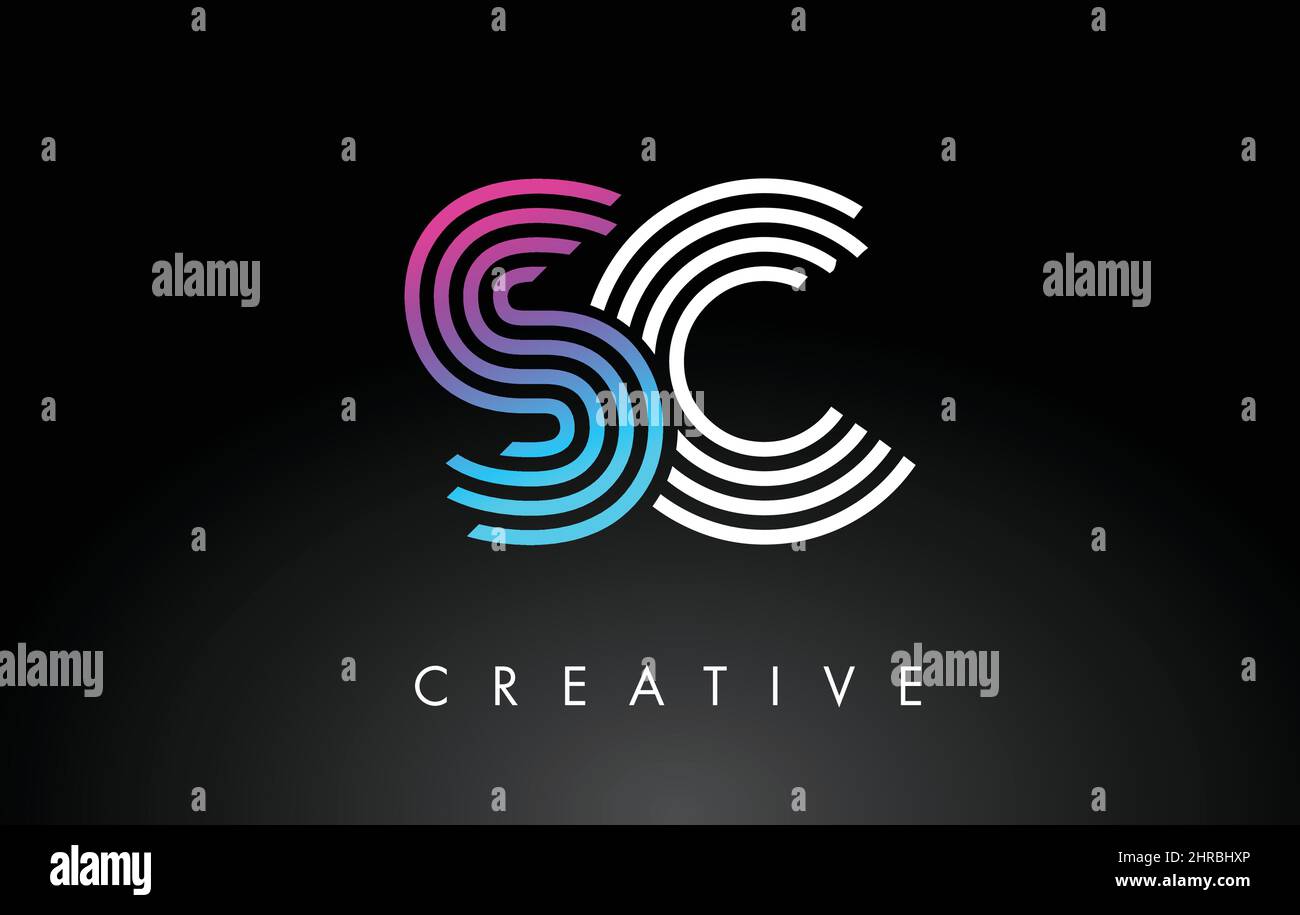 SC White Purple Lines Letter Logo. Creative Line Letters Design Vector ...