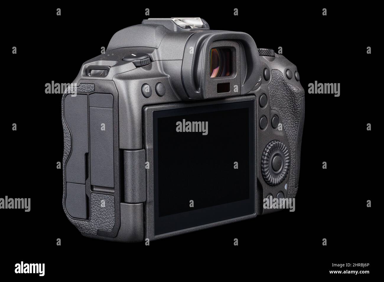 black mirrorless digital camera without lens isolated on black ...