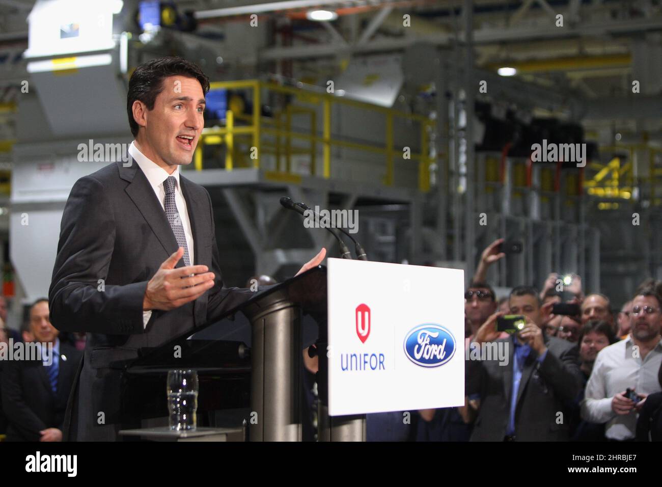 Prime Minister Justin Trudeau speaks at the Ford Essex Engine Plant in ...