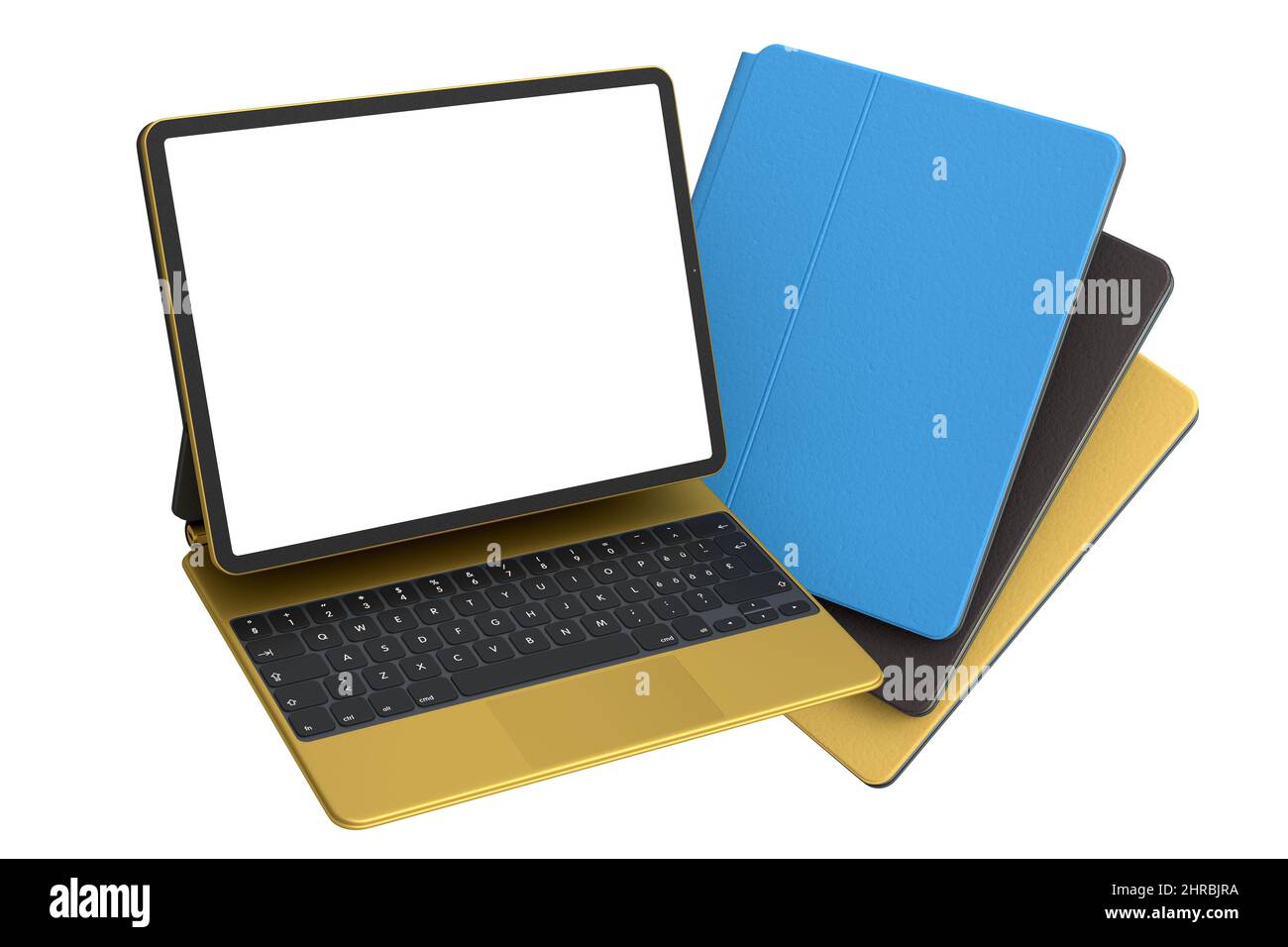 Set of computer tablets with keyboard and blank screen isolated on ...