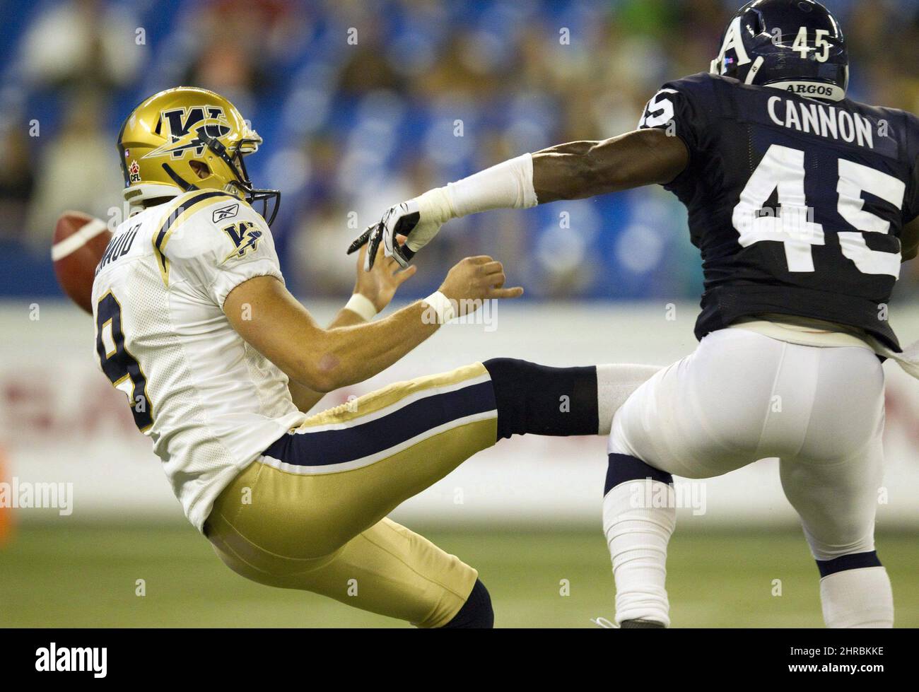 Winnipeg Blue Bombers punter Mike Renaud (9) has his kick blocked by ...