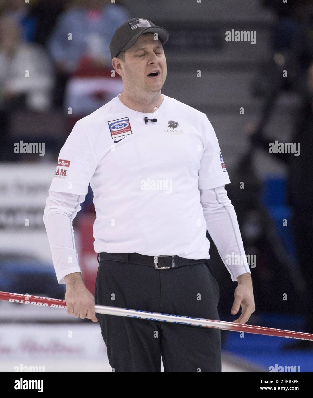 United States skip John Shuster reacts to his shot during the 8th draw ...