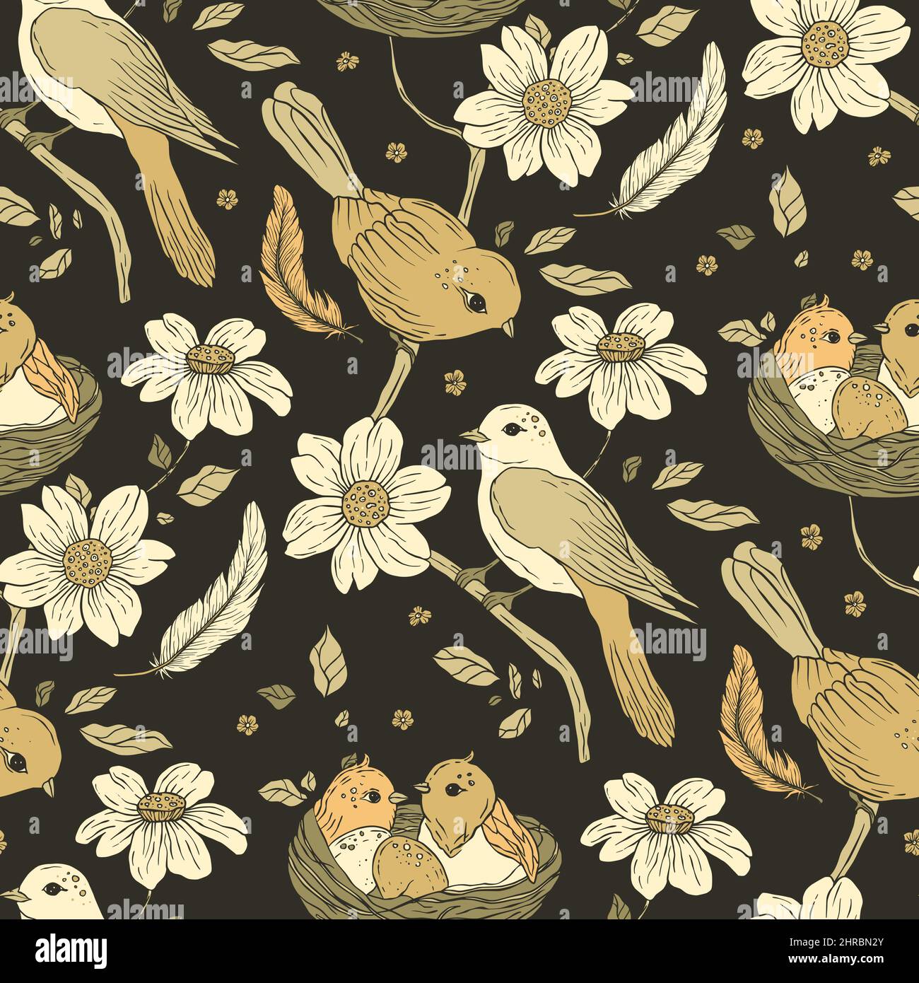 Vintage birds and daisy flowers seamless pattern. Retro illustration ...