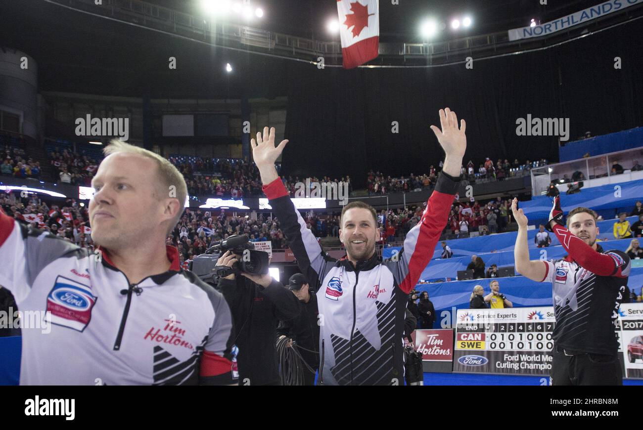 Canada skip Brad Gushue celebrates his gold medal win over Sweden with ...