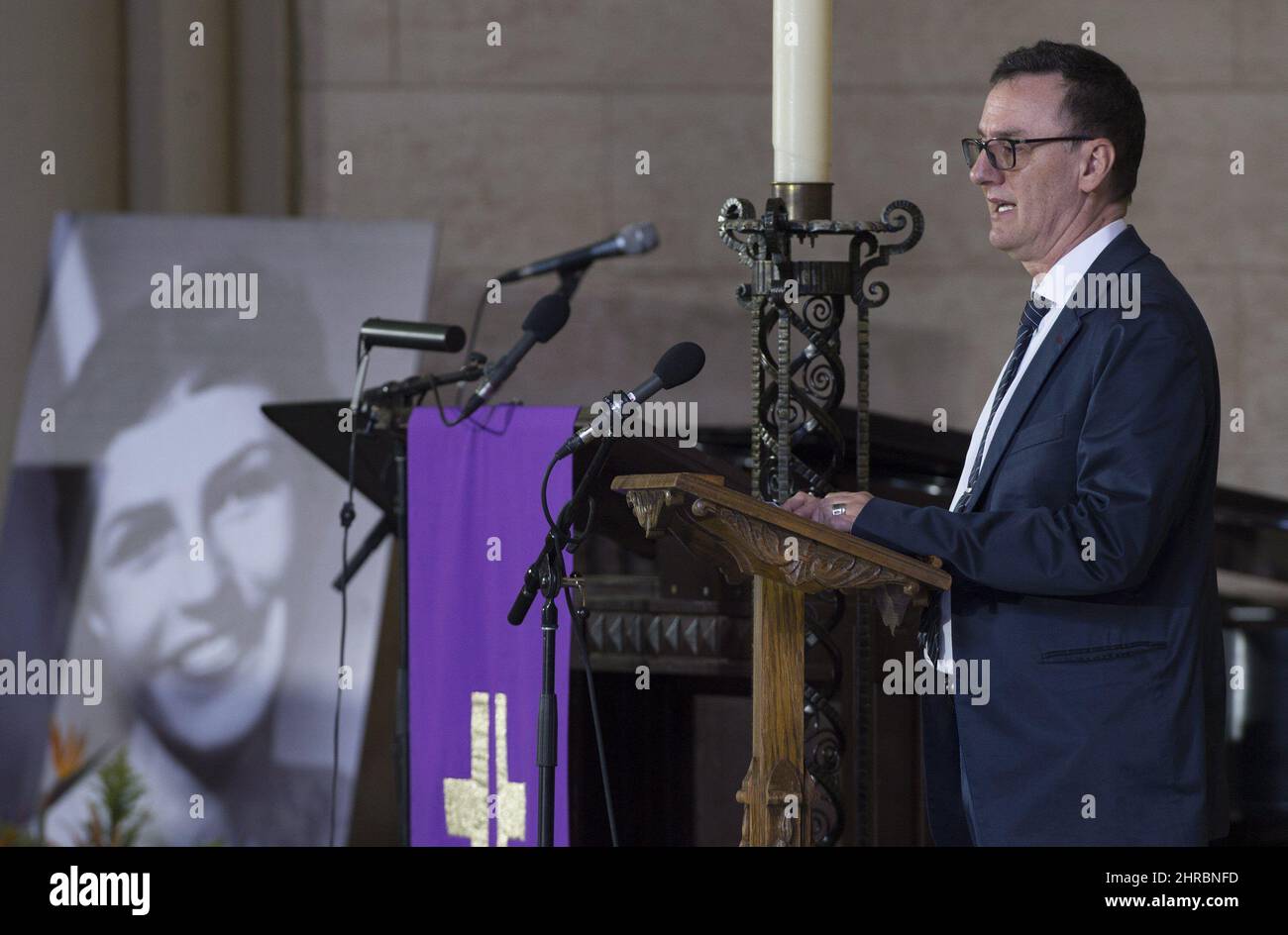 Rene-Richard Cyr speaks during the funeral of actress Janine Sutto in ...