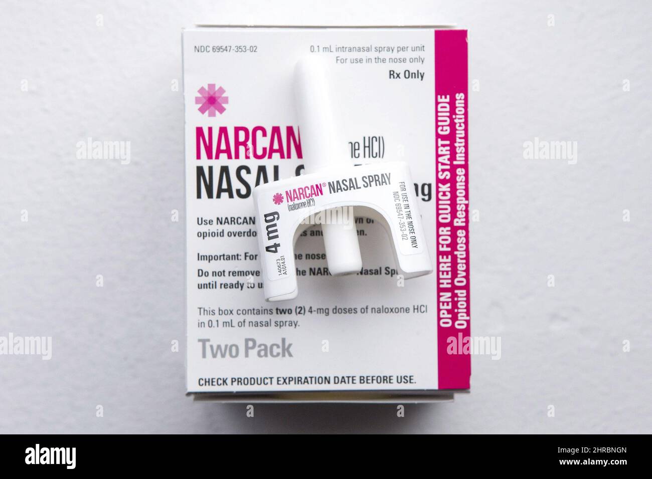 A nasal spray containing Naxolone, taken from an naxolone emergency kit ...