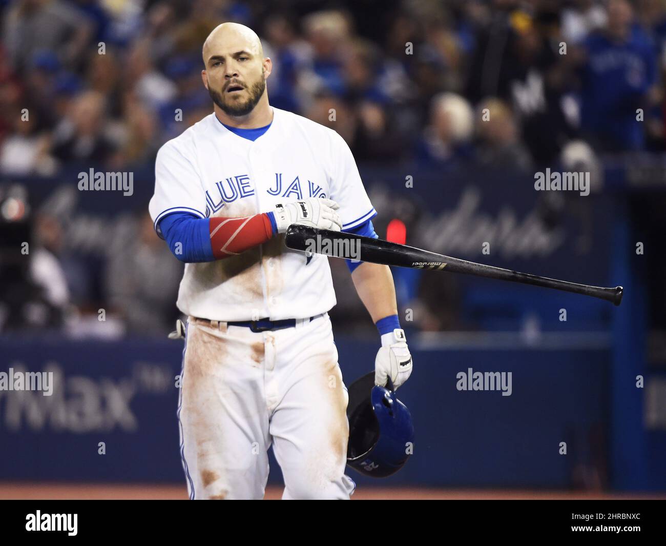 Toronto Blue Jays left fielder Steve Pearce (28) reacts after striking ...