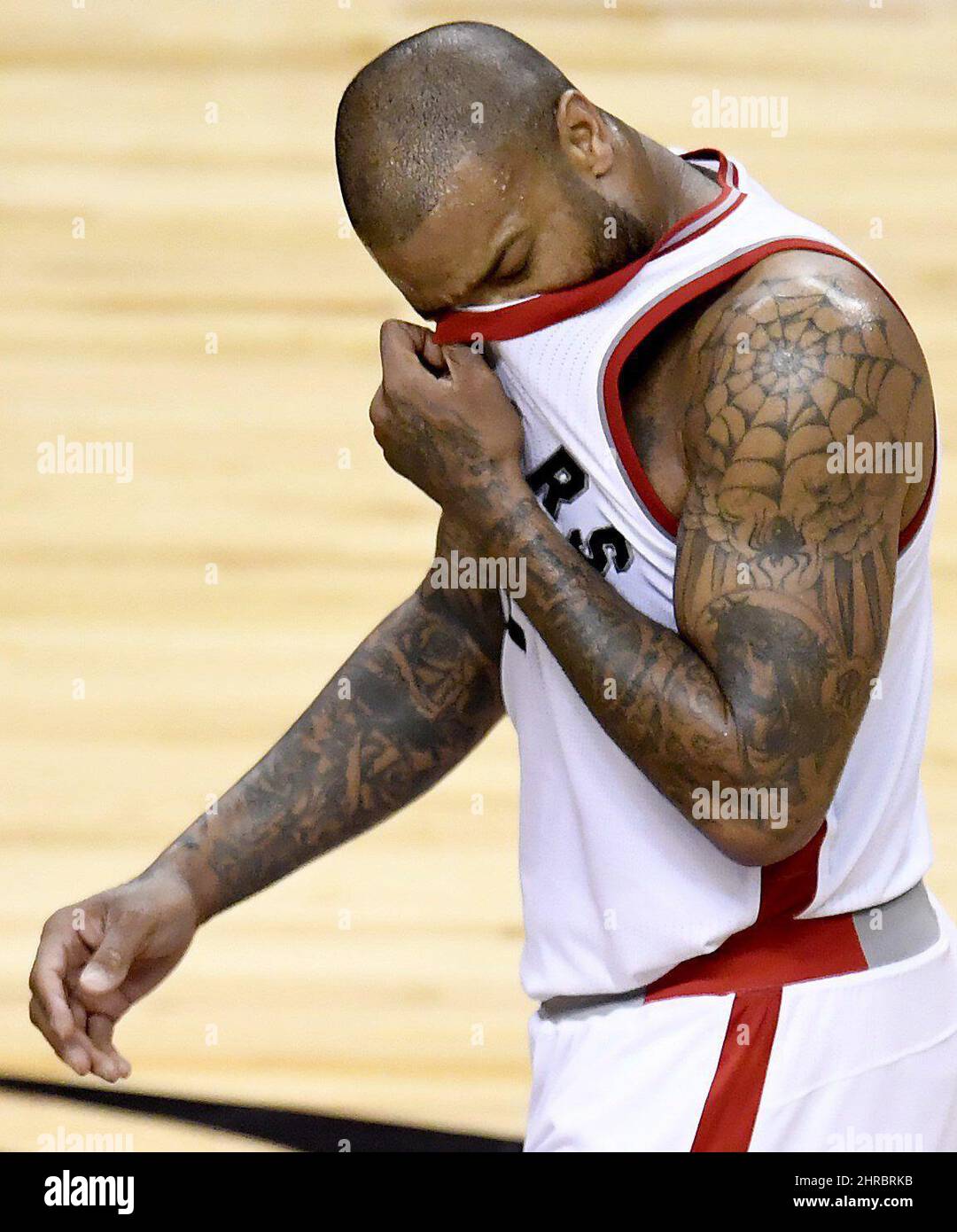 Toronto Raptors forward PJ Tucker (2) hides his face after missing two ...