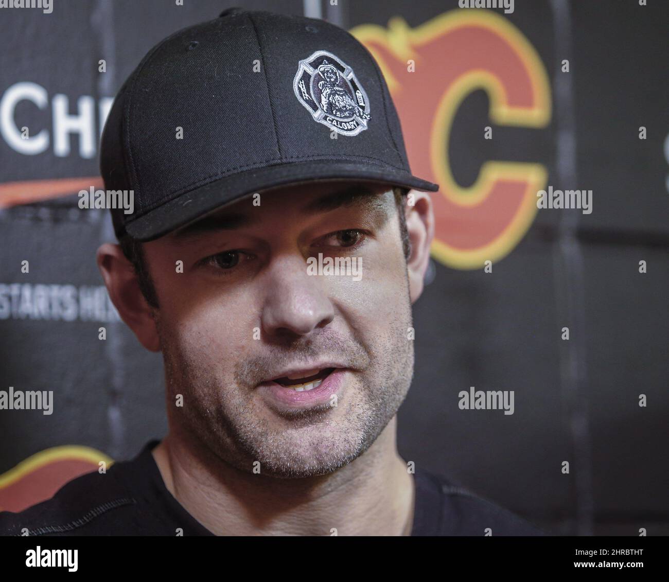 Calgary Flames goalie Brian Elliott, speaks with reporters on the team ...