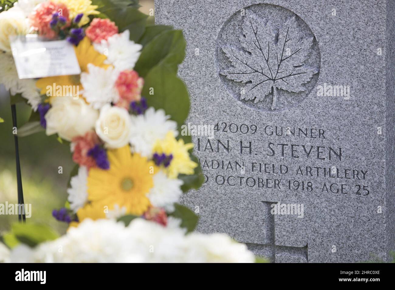 A detail of the grave of Ian Hector Steven, a Scottish soldier who died ...