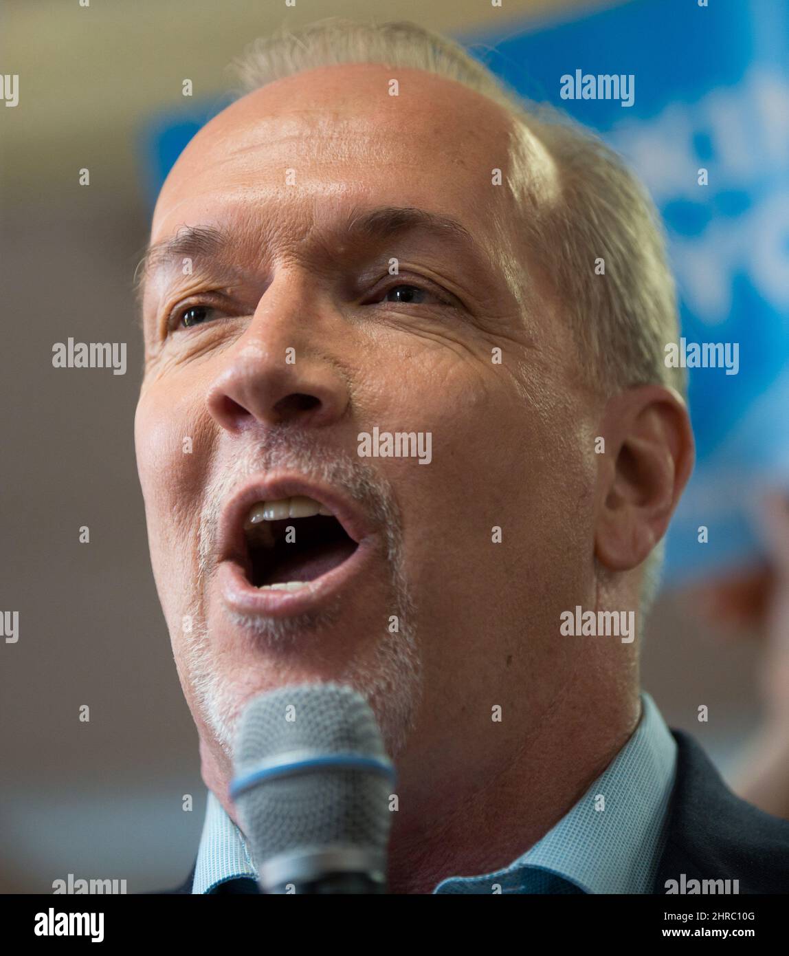 NDP Leader John Horgan addresses supporters during a campaign stop in ...