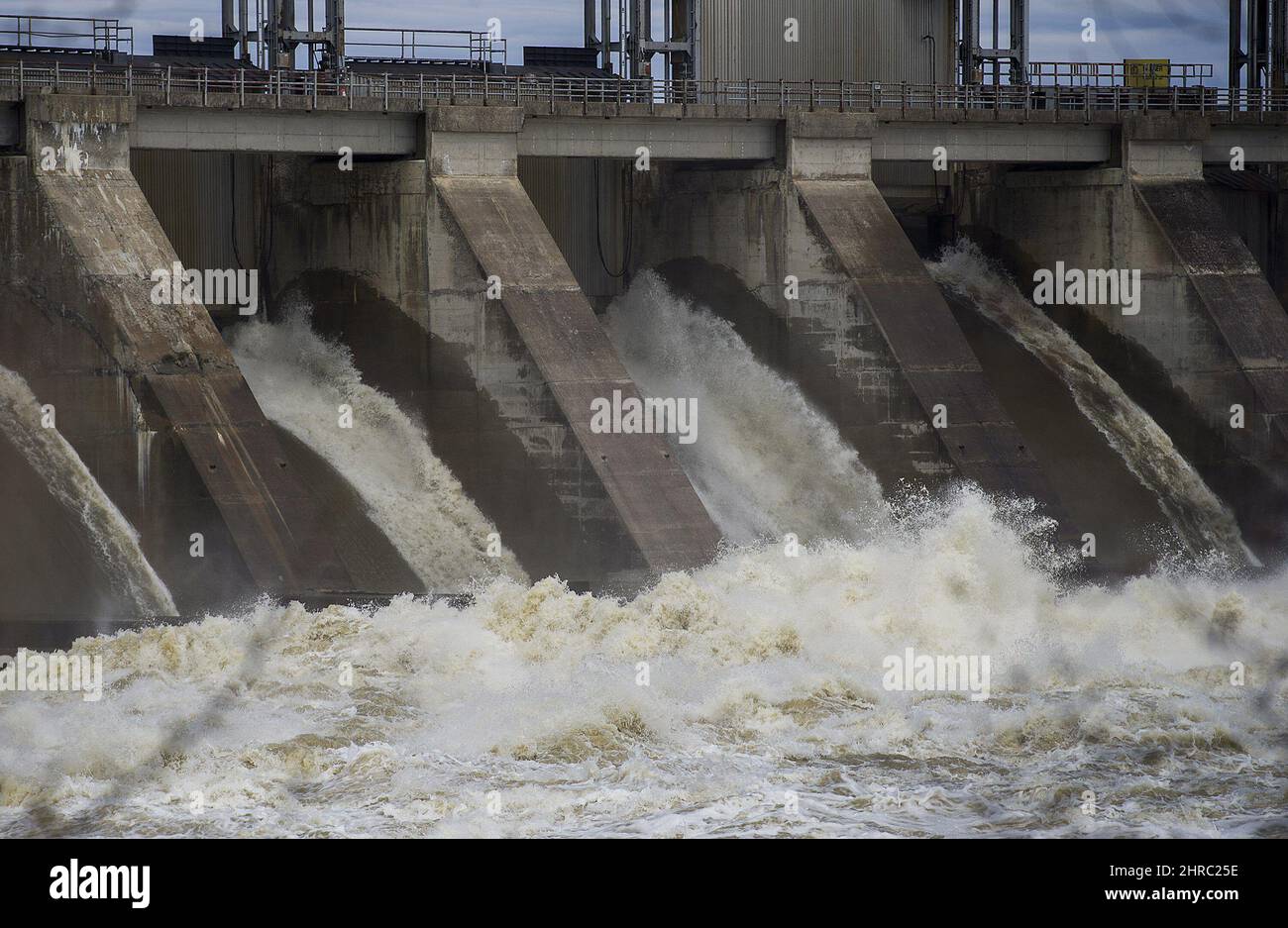 The Carillon dam releases water into the Ottawa river near Carillon ...