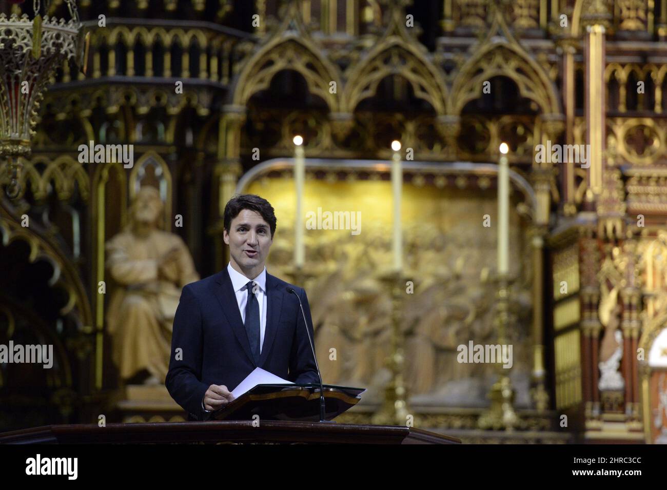 The Prime Minister Justin Trudeau speaks at the Notre-Dame Basilica to ...