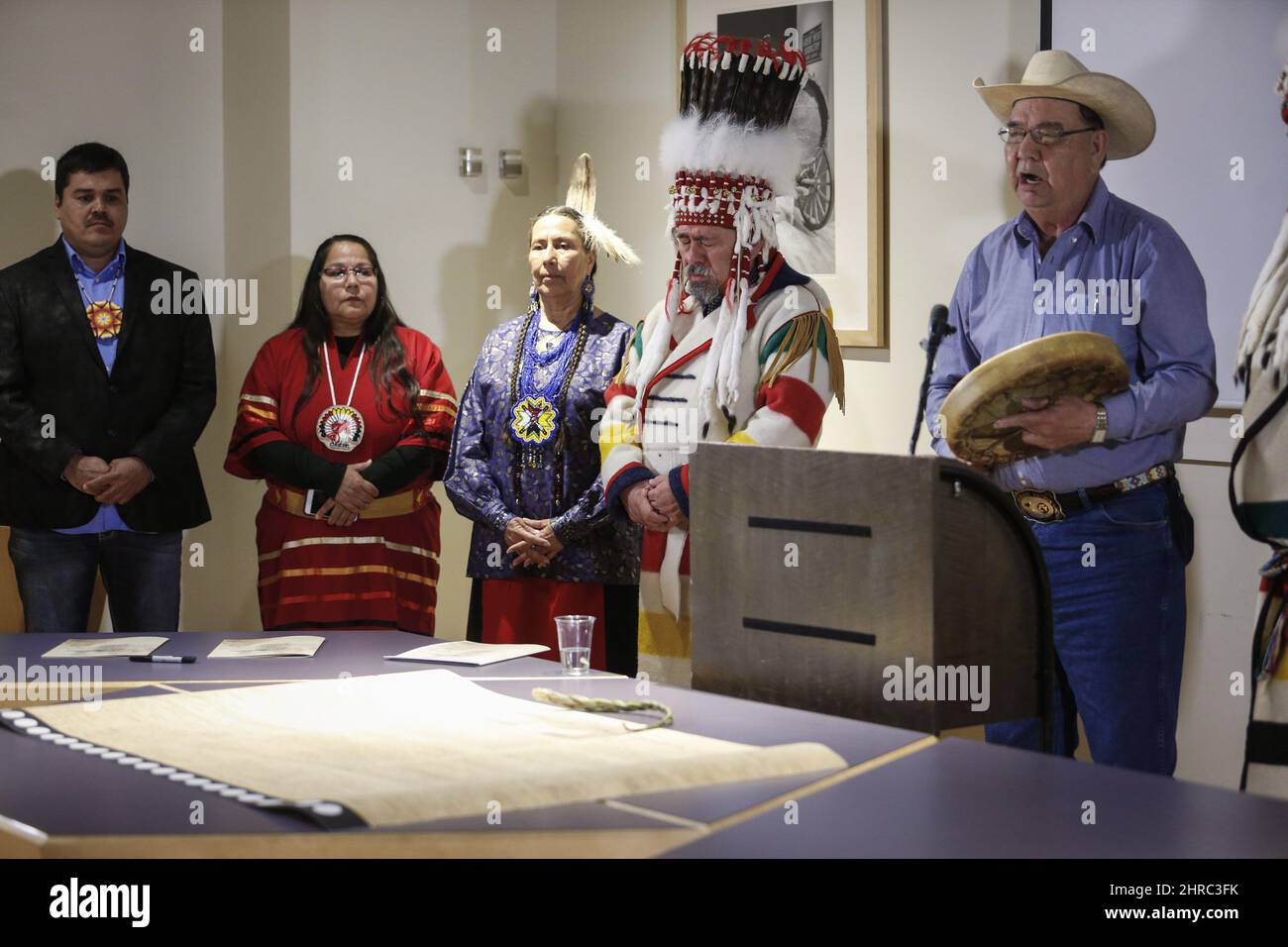 Chairman Brandon Sazue, left to right, of the Crow Creek Sioux Tribe ...