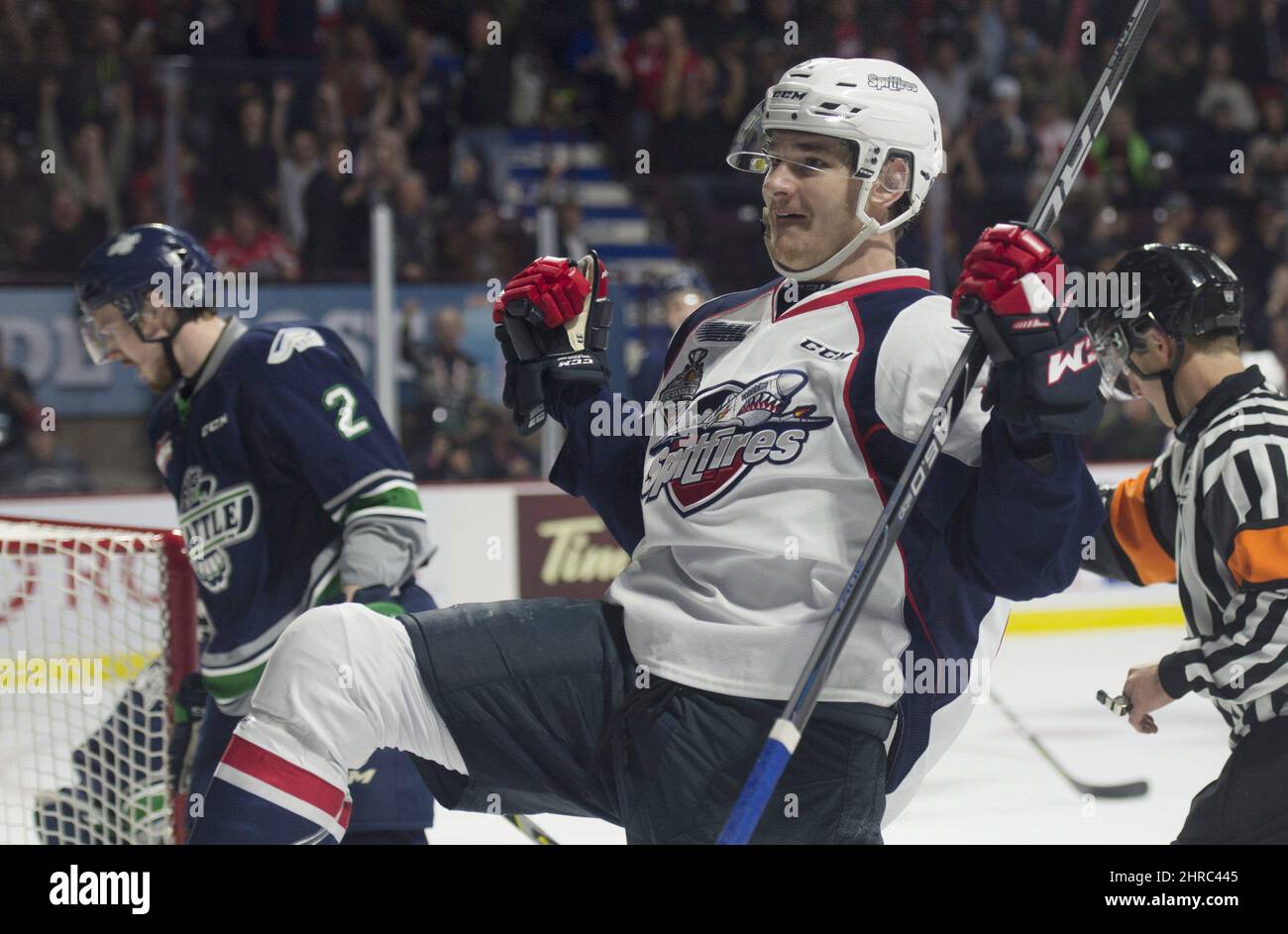 Windsor Spitfires left wing Graham Knott (37) celebrates his goal to ...