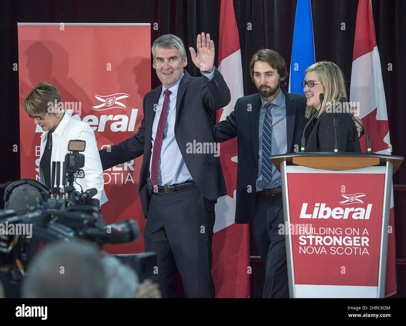 Nova Scotia Premier Stephen McNeil waves as he heads from the stage ...