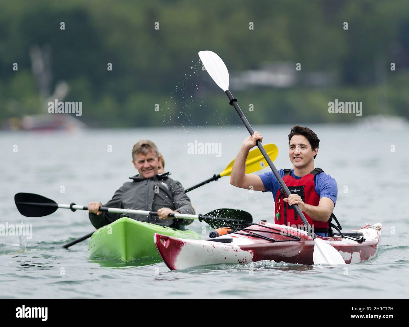 Prime Minister Justin Trudeau (right) kayaks on the Niagara River in ...