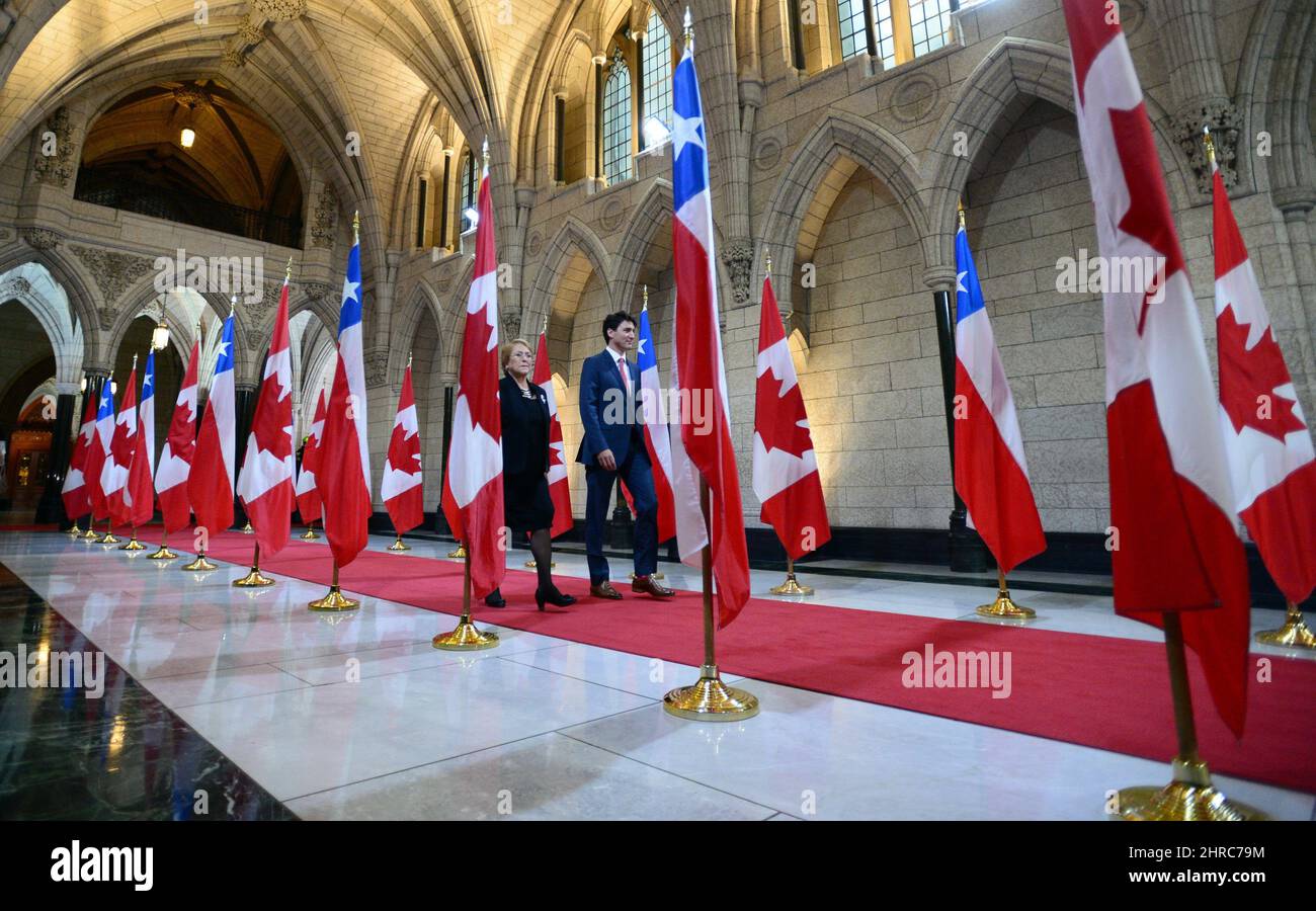 President of Chile Michelle Bachelet and Prime Minister Justin Trudeau ...