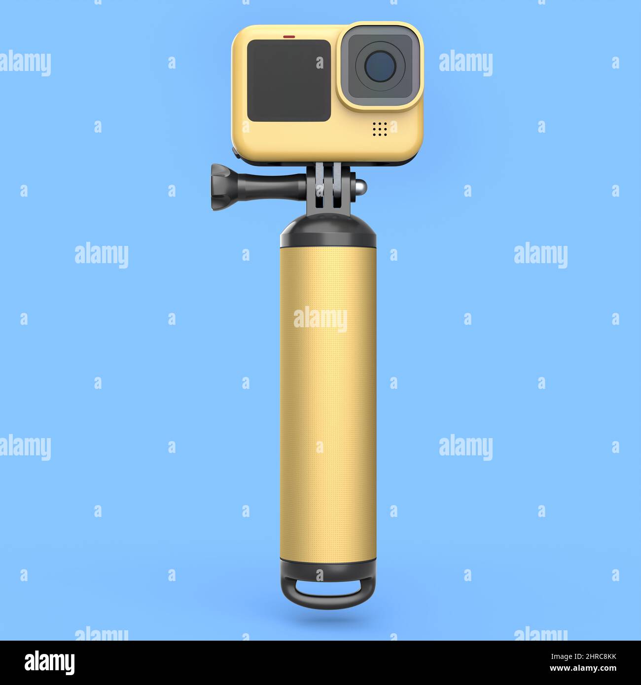 Photo and video lightweight yellow action camera with monopod on blue ...