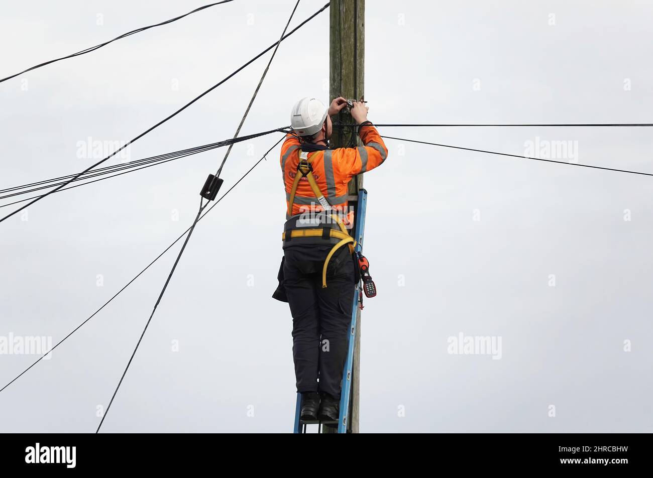 A telecom Openreach engineer working on a telegraph pole in the United ...