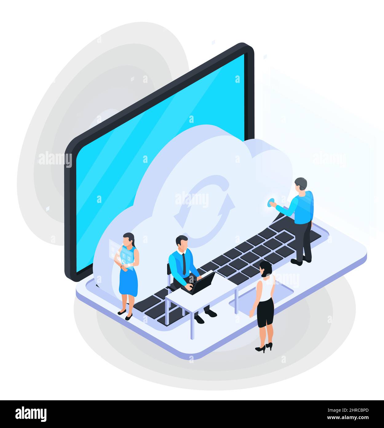 Cloud services isometric composition with image of laptop with small ...