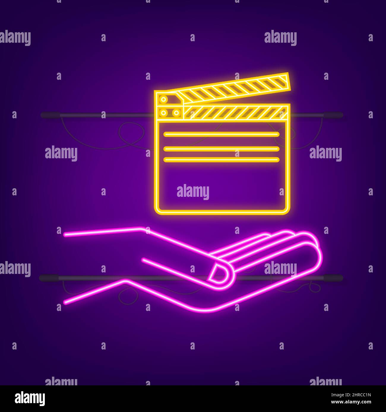 Opened clapperboard in hand. Movie clapperboard neon icon. Vector stock ...