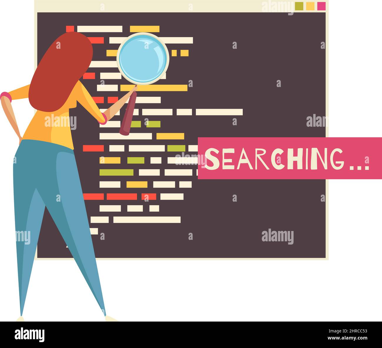 Female programmer with magnifier and computer program flat vector ...