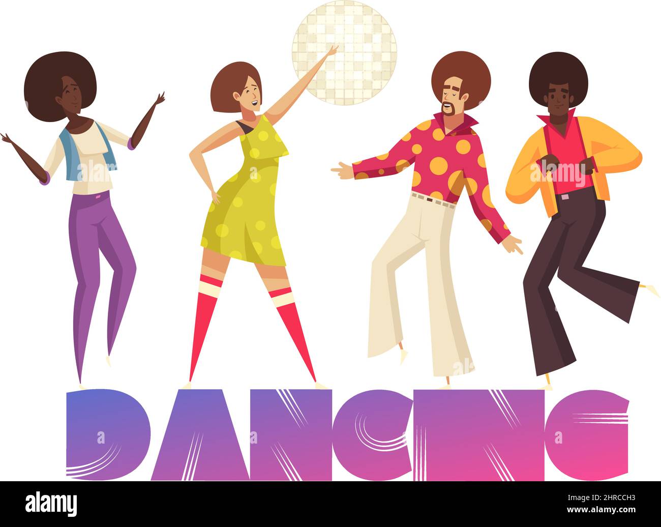 Disco party composition with text and characters of dancing people ...