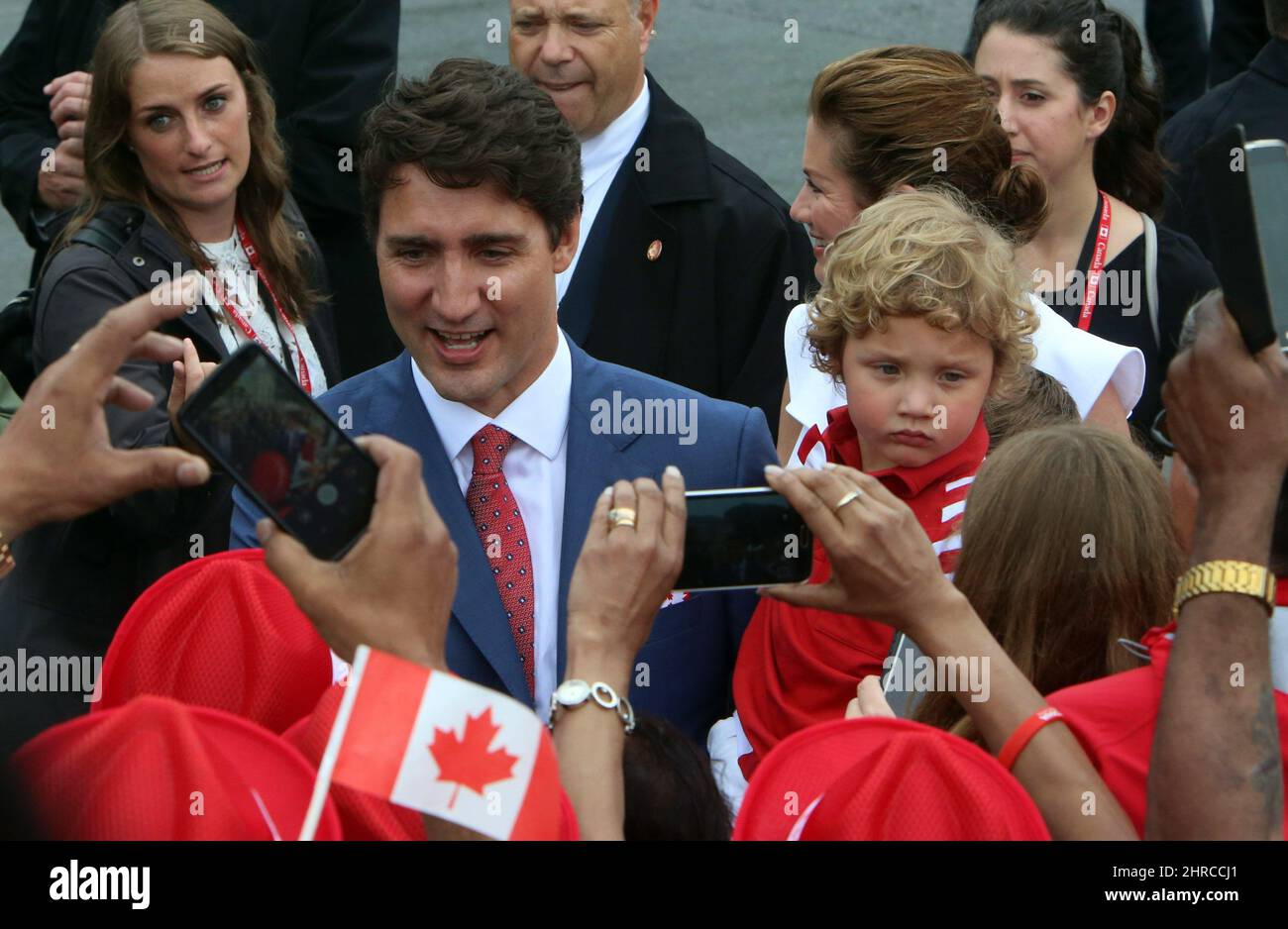Prime Minister Justin Trudeau and his son Hadrien greet people during ...