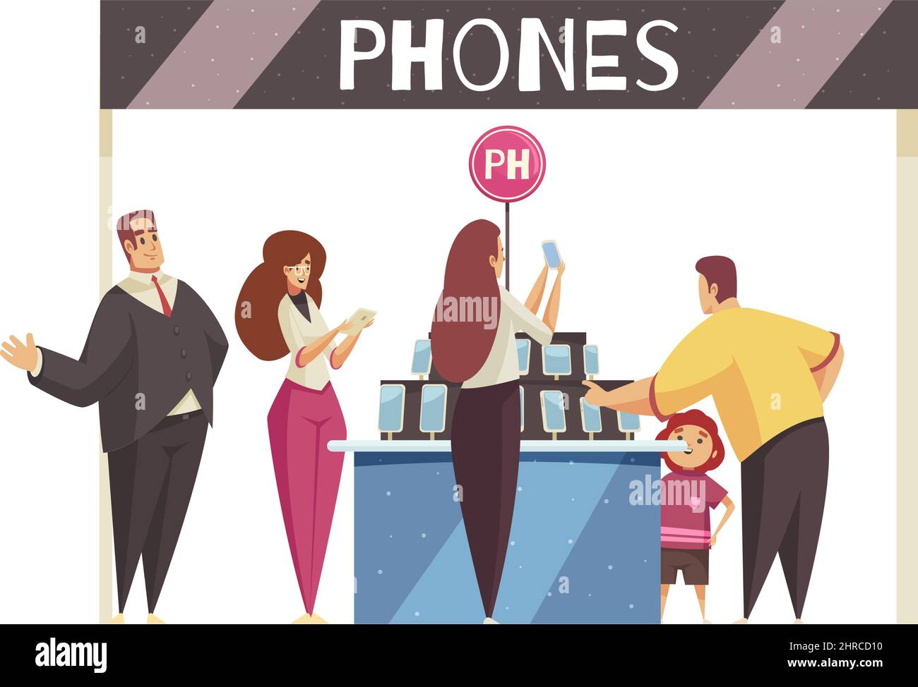 Expo stand composition with doodle human characters and view of ...