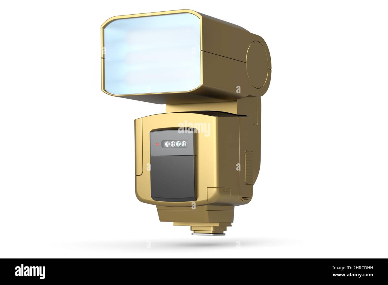 Camera external gold flash speedlight isolated on white background. 3D ...