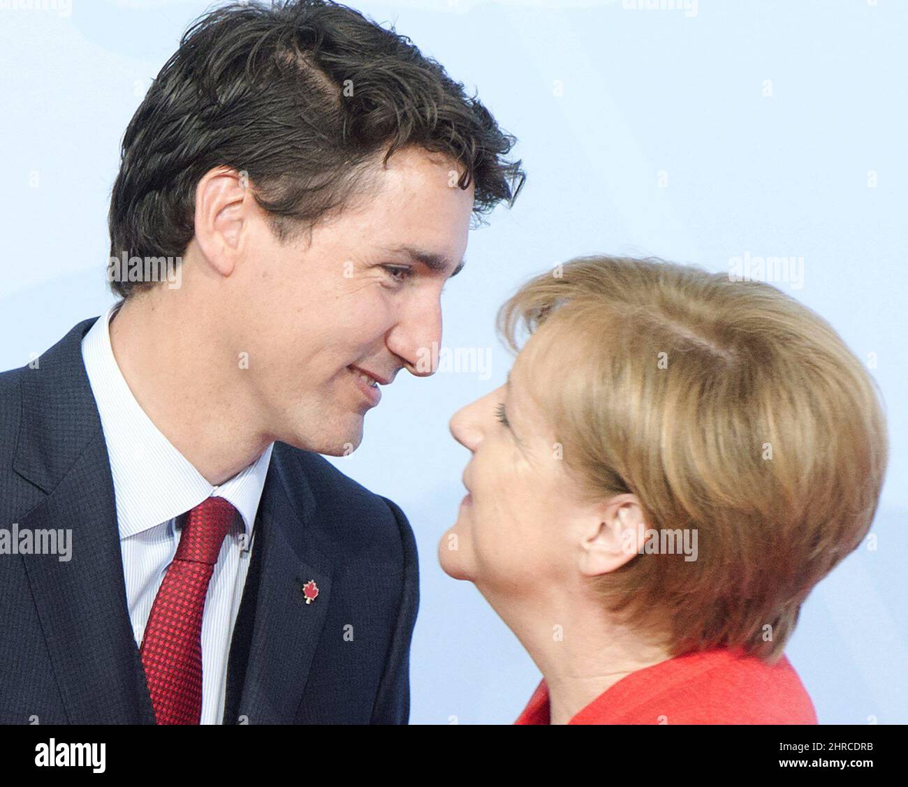 Prime Minister Justin Trudeau greets German Chancellor Angela Merkel at ...