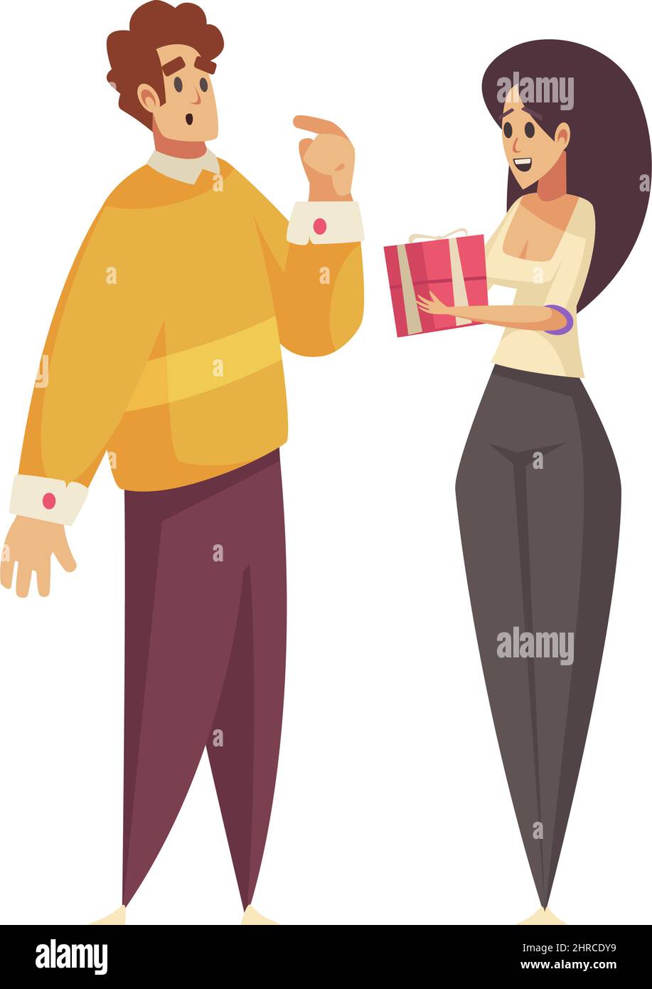 Gift present giving composition with cartoon characters of loving ...