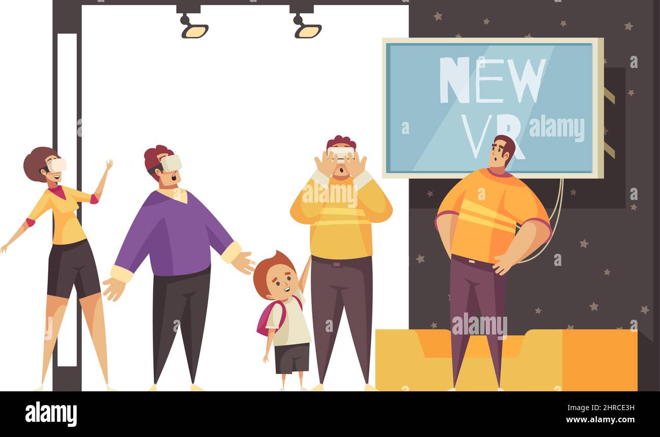 Expo stand composition with doodle human characters and view of ...