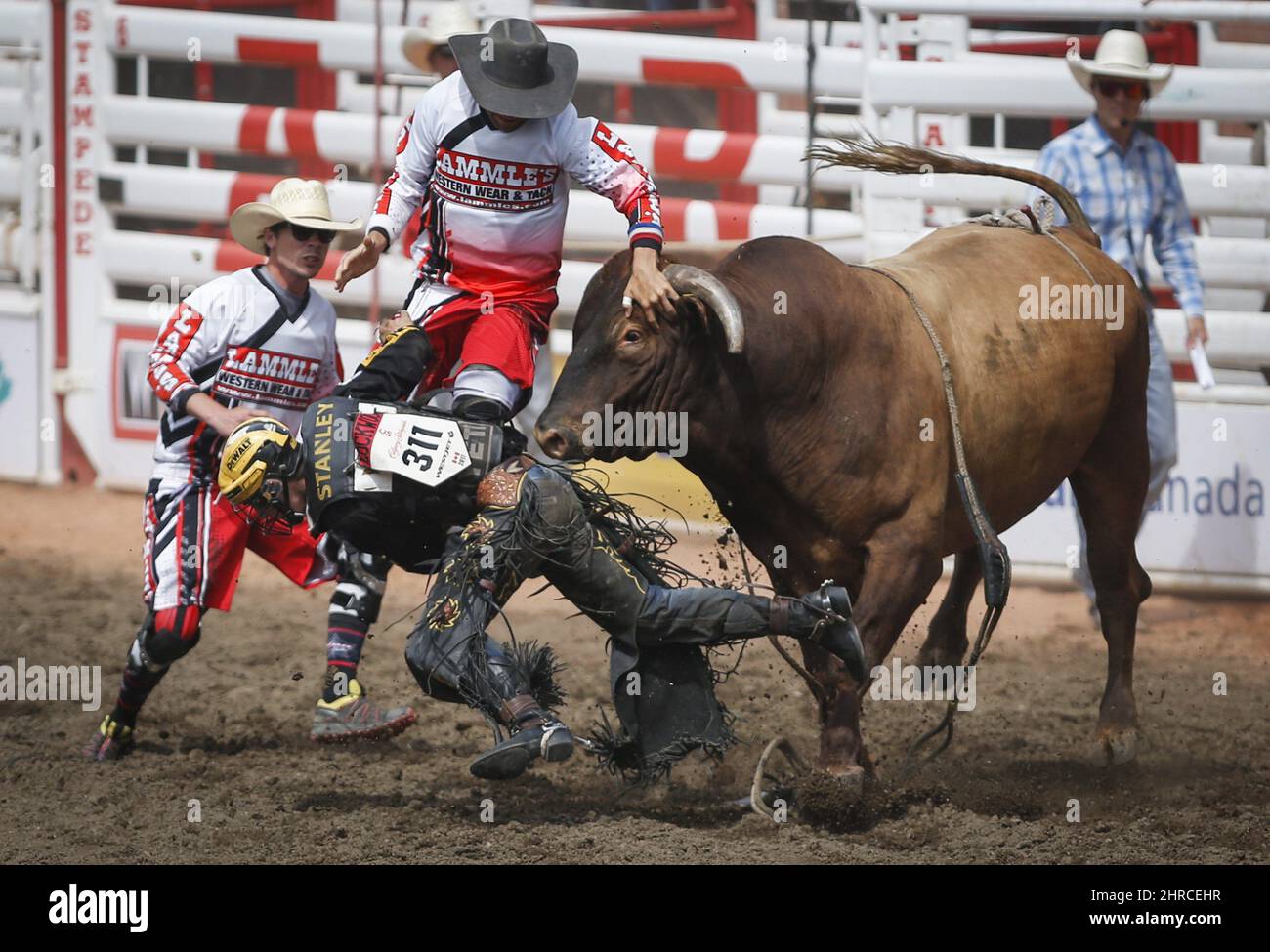 Jess Lockwood, centre, of Volborg, Montana, helped by bull fighters ...