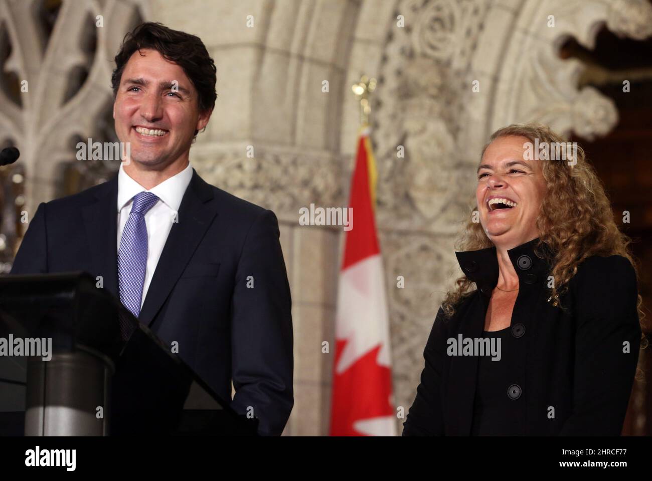 Prime Minister Justin Trudeau shares a laugh with former astronaut, and Governor General ...