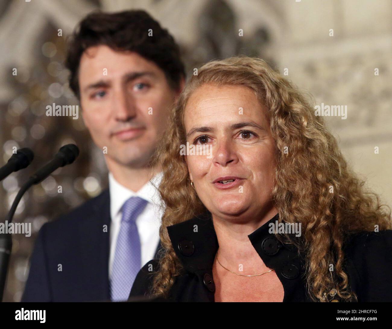 Prime Minister Justin Trudeau looks on as former astronaut, and Governor General designate ...